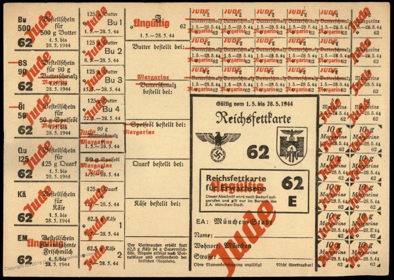 3rd Reich Germany 1944 Munich Butter and Lard Ration Card for Jewish ...