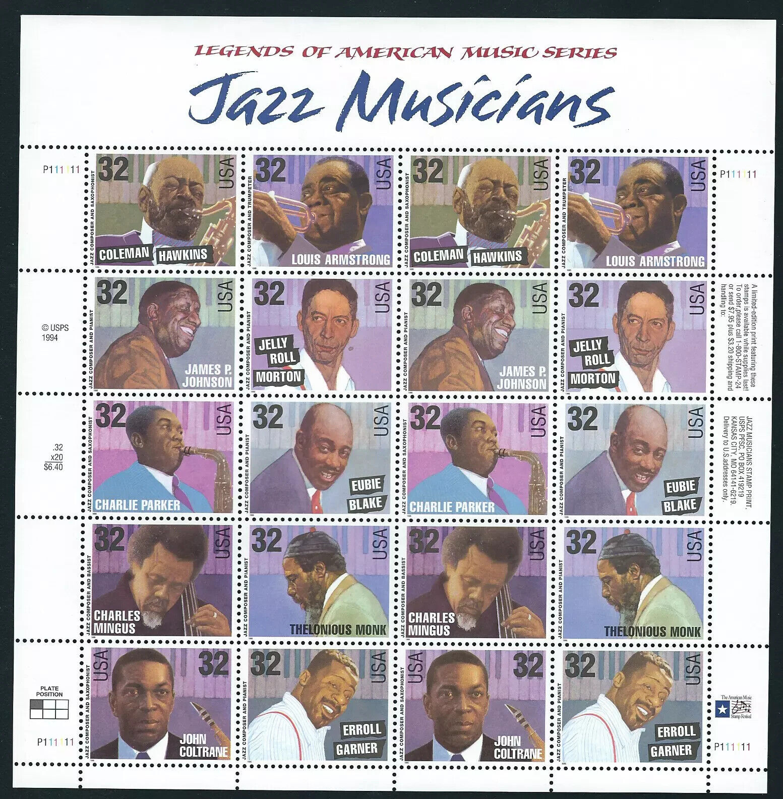 Scott#: 2983-2992 - American Music Issue/Jazz Musicians 20x32¢ Sheet of ...