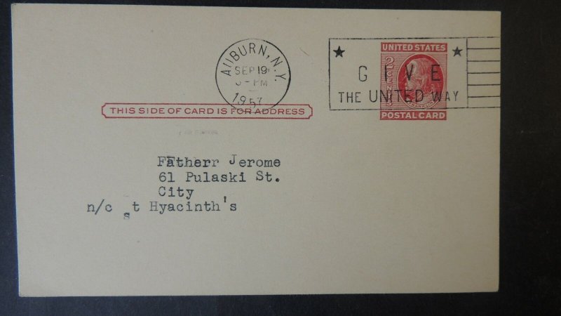 USA 1957 postal card 2c slogan "give the united way" auburn ny cancel ...