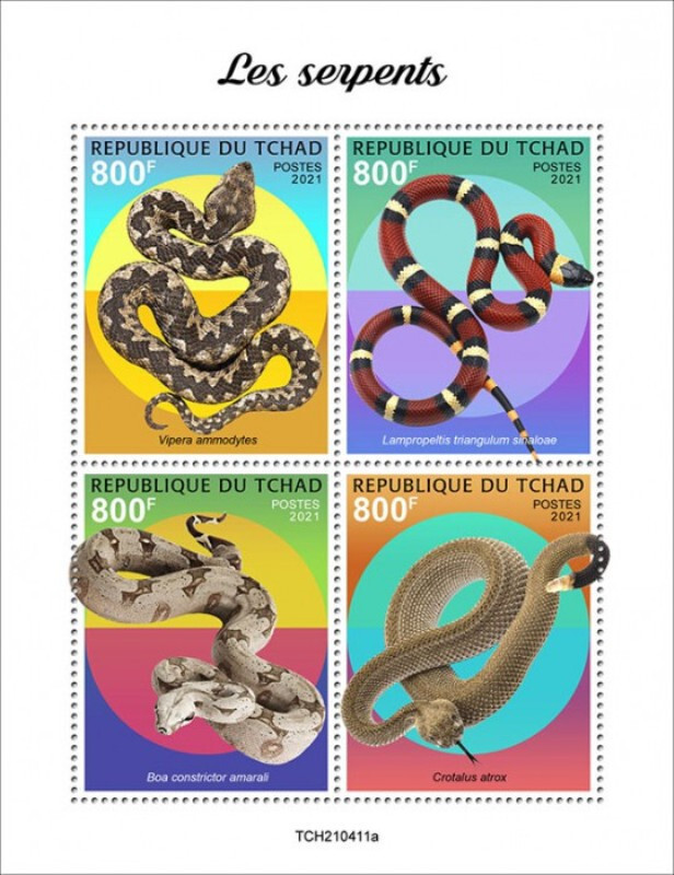 Chad - 2021 Snakes, Horned Viper, Boa Constrictor - 4 Stamp Sheet ...
