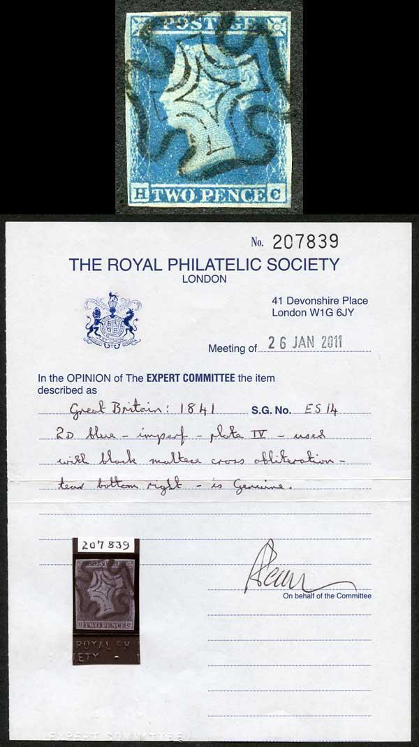 1841 2d Blue (HC) Plate 4 with MALTESE CROSS Very RARE RPS Cert | Great ...