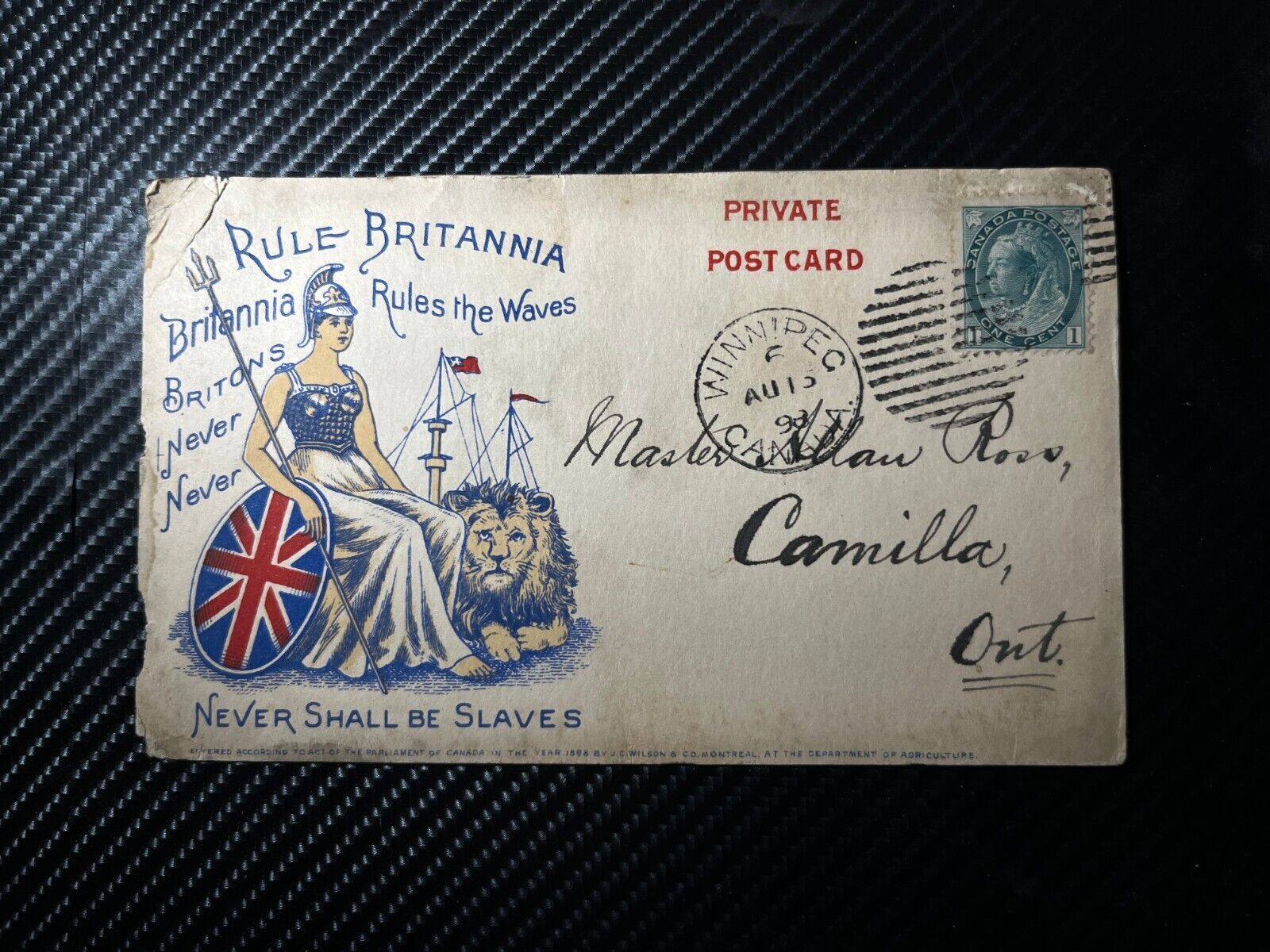 1898 Canada Postcard Cover Winnipeg to Camilla Ontario Rule Britannia ...