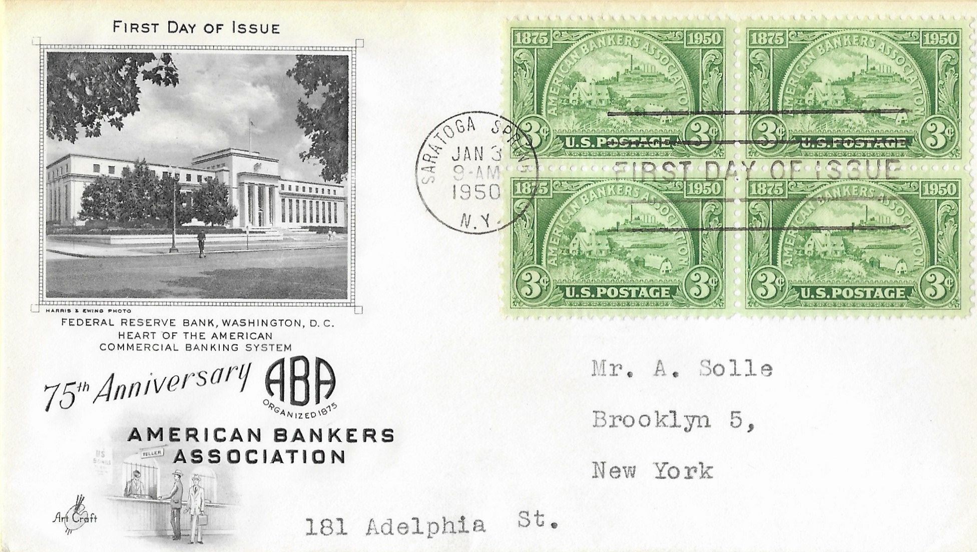 1950 FDC, #7, 3c American Bankers Association, Art Craft, block of 4 ...