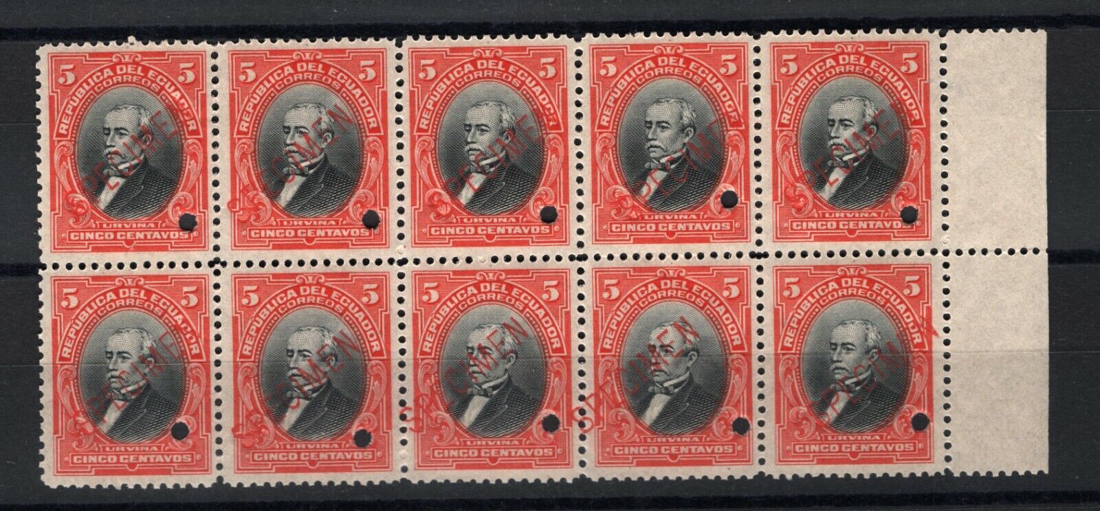 ECUADOR ABNCo. Stamps 5c Urvina *SPECIMEN* Block {10} Mint UMM MNH MF88 ...