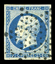 France, 1850-1900 #17 (YT 15) Cat€285, 1853-60 25c blue, star cancel ...