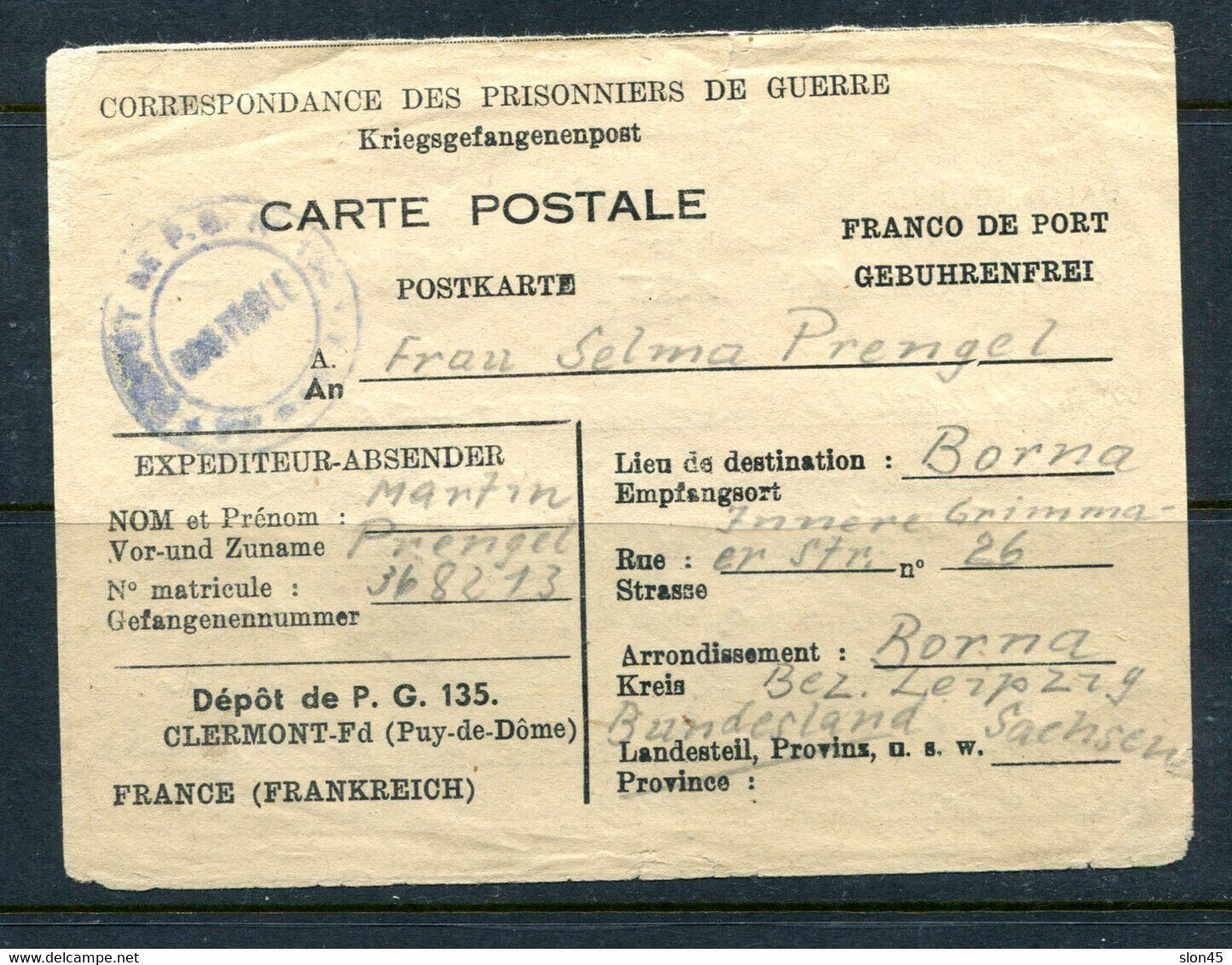 France 1945 Card POW Prisoner of War WWII to Germany 14193 | Europe ...
