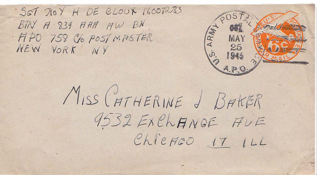 United States A.P.O.'s 6c Monoplane Air Envelope 1945 U.S. Army Postal ...