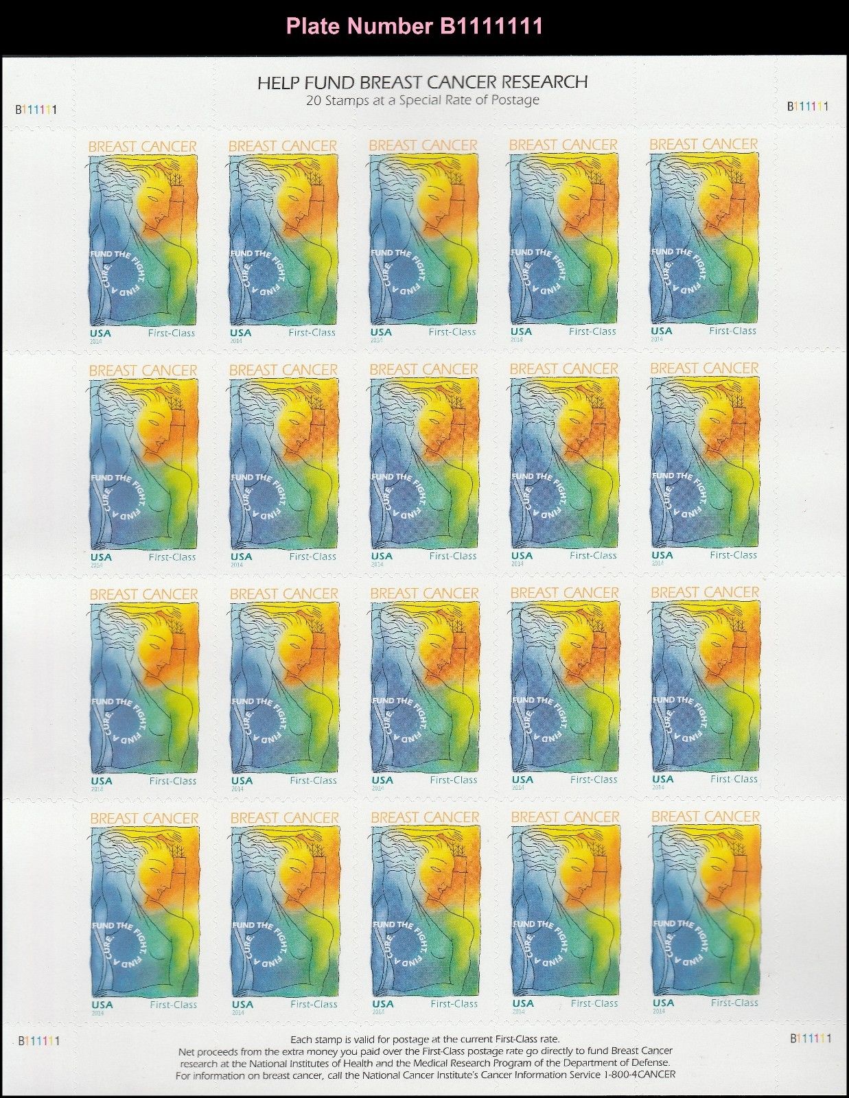 US B5 Breast Cancer first class semipostal sheet 20 MNH 2014 | United ...