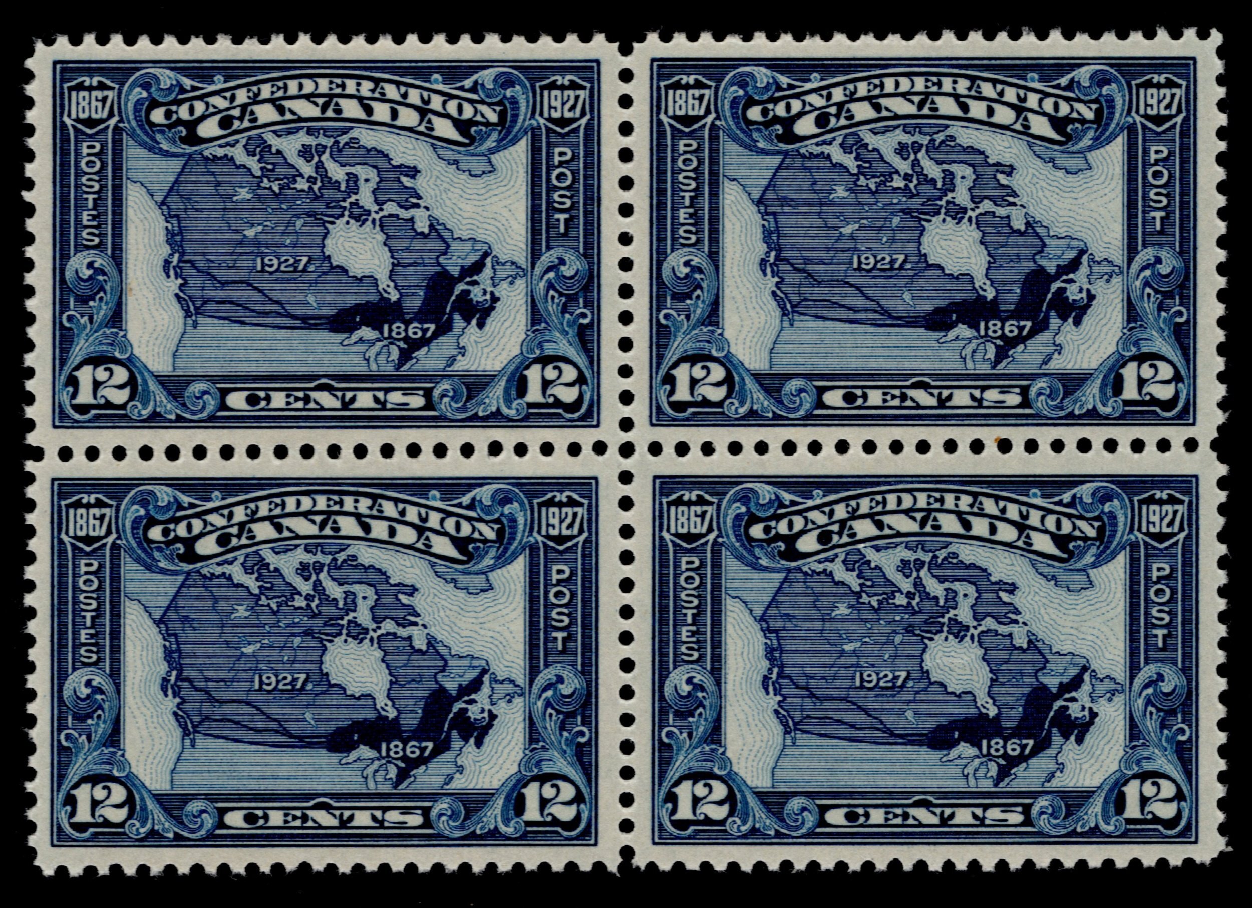 MNH 1927 Canadian Confederation Map 12c Postage Stamp Block, Scott #145 ...