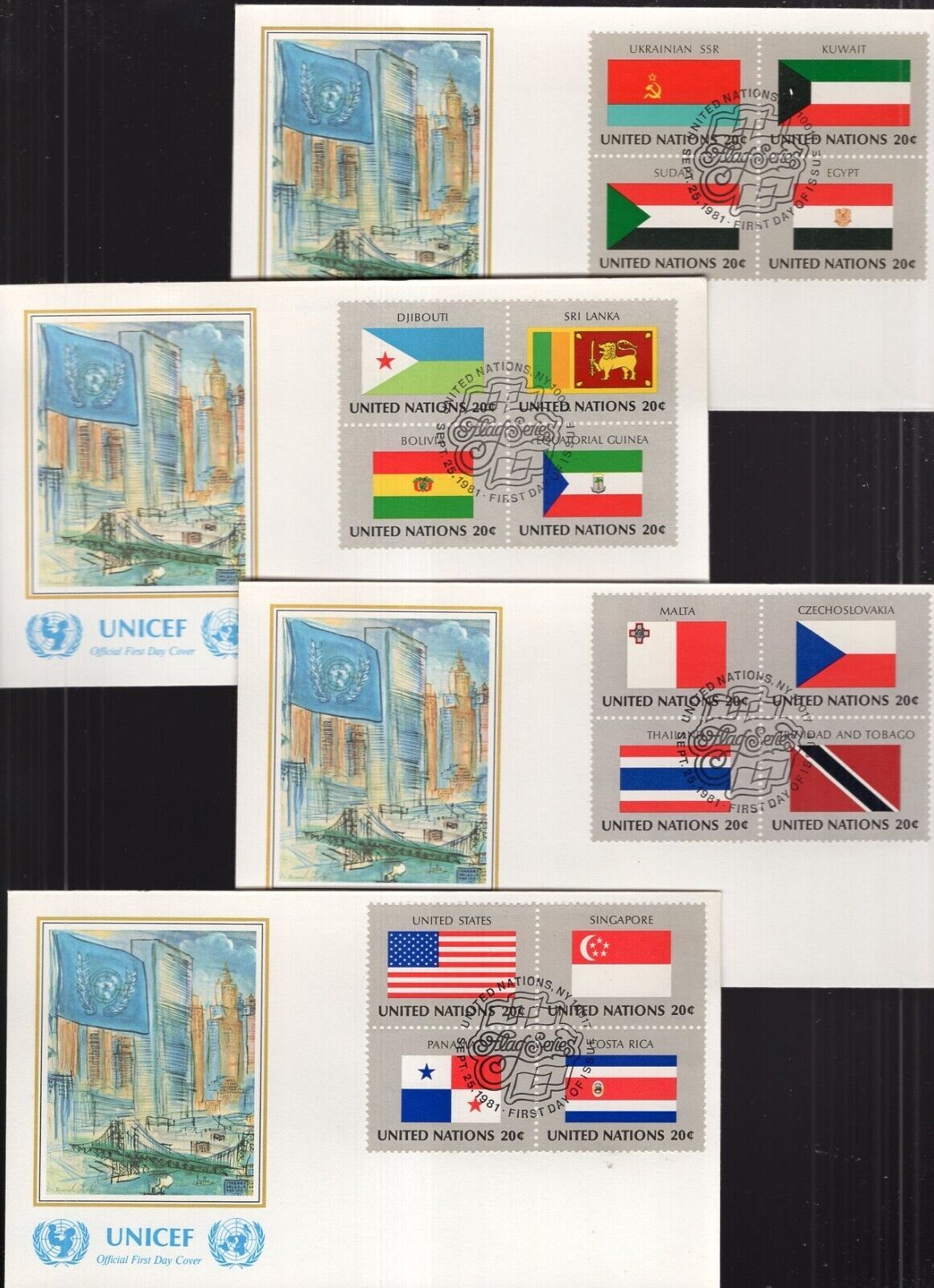 UN N.Y. 1980-81 Flags Blocks of 4 on 8 UNICEF FDC's | Worldwide ...