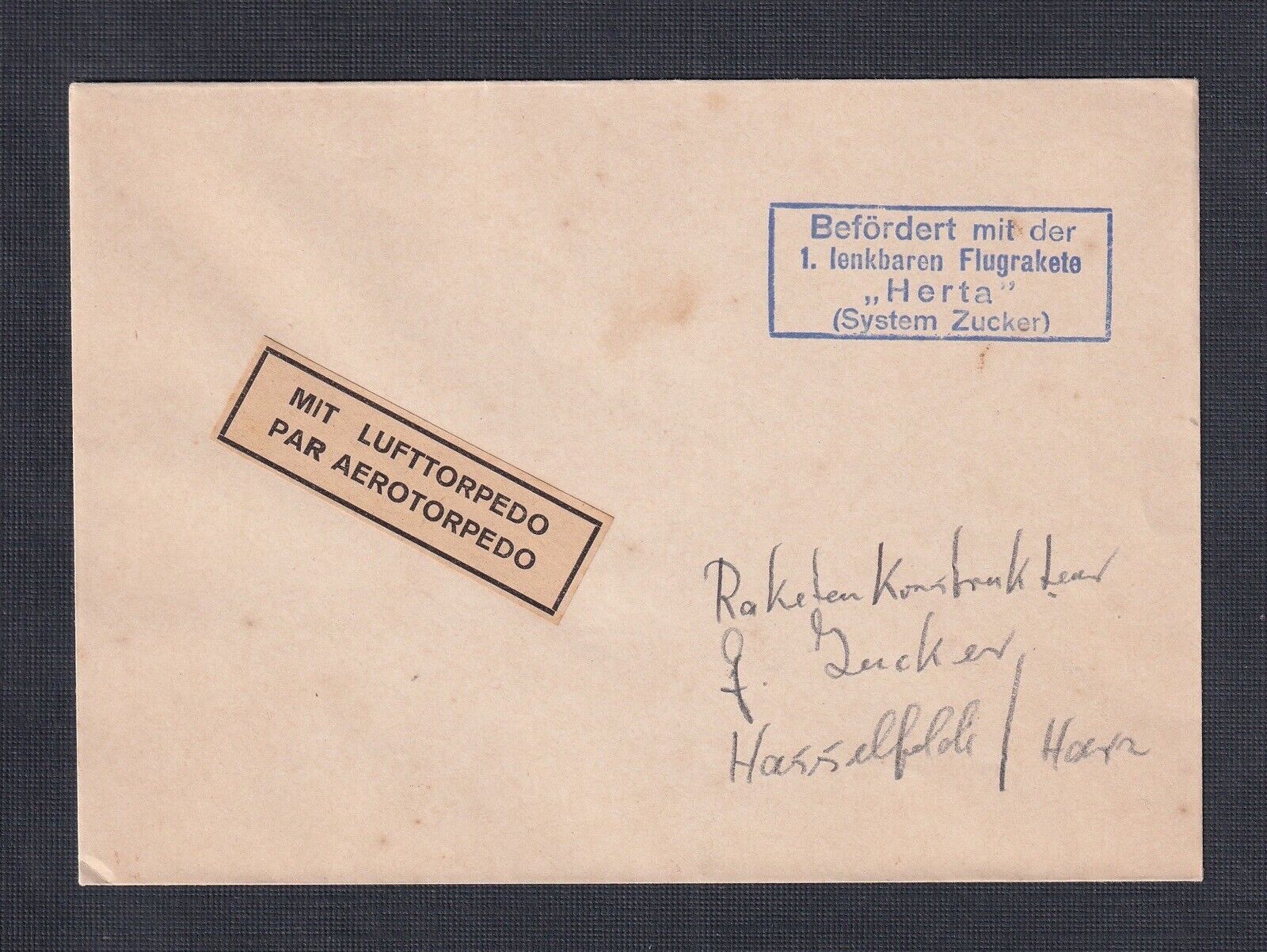 Germany 1960 Rocket Mail Label on ‘Herta’ System Zucker Aerotorpedo ...