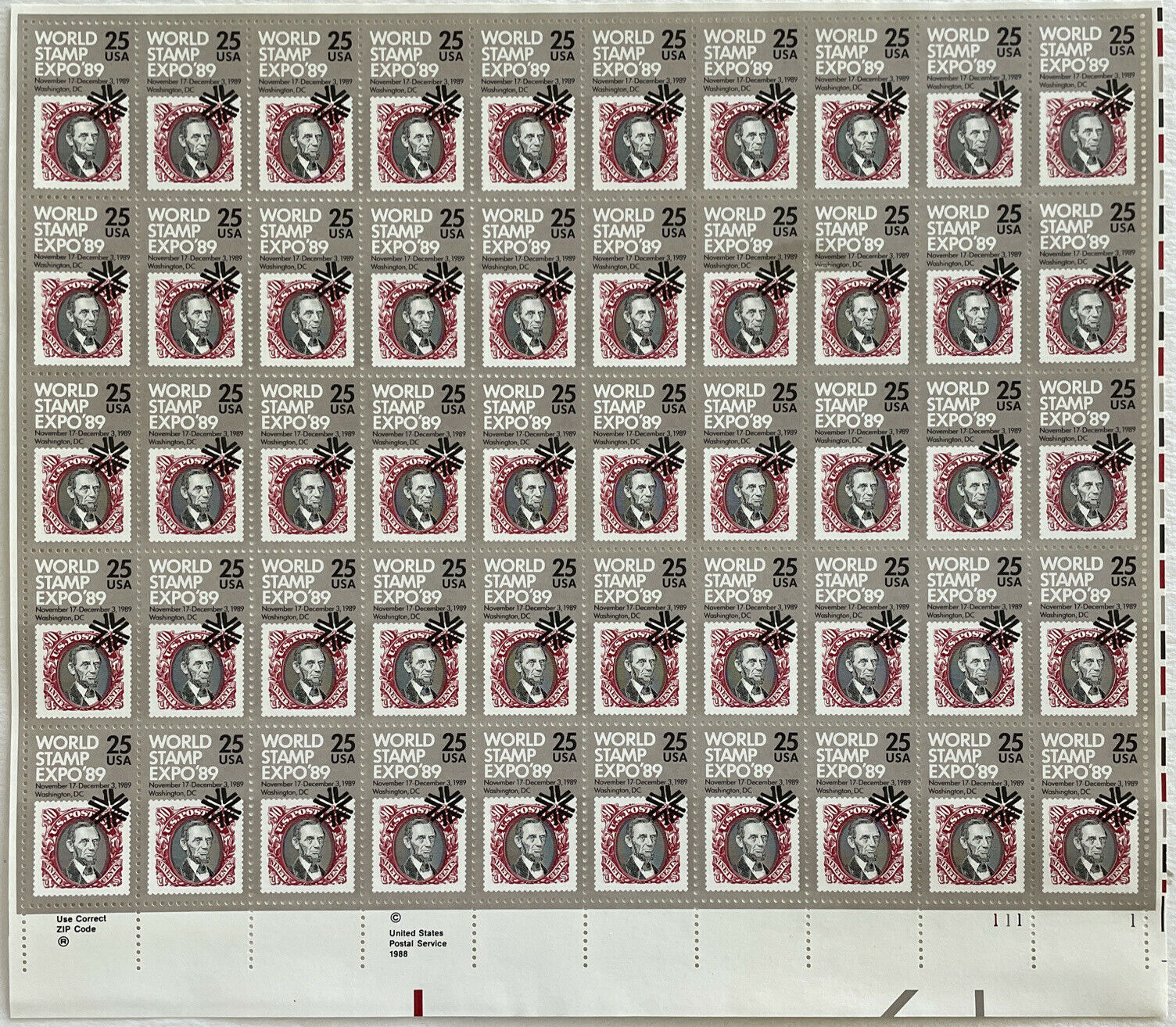 Scott 2410 WORLD STAMP EXPO ‘89 Sheet of 50 US 25¢ Stamps MNH 1989 ...