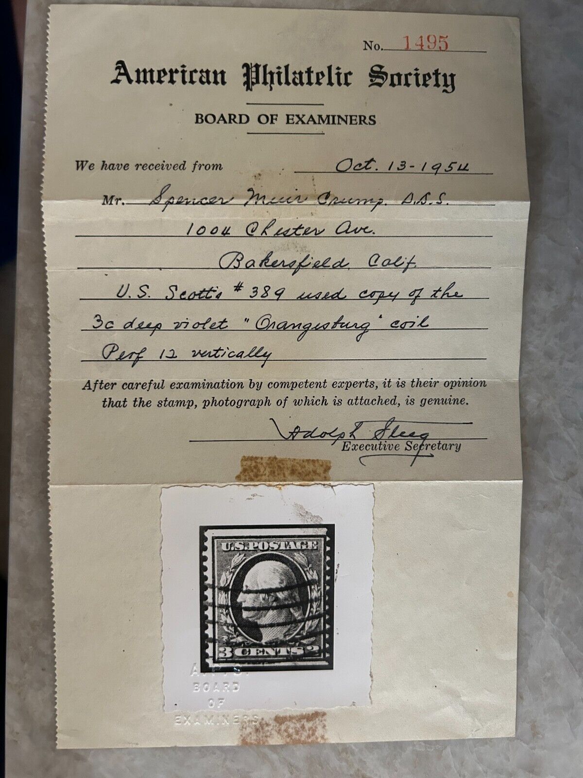 Scott 389 Orangeburg Used Coil Stamp with Clear APS Cert SCV $10,000 ...