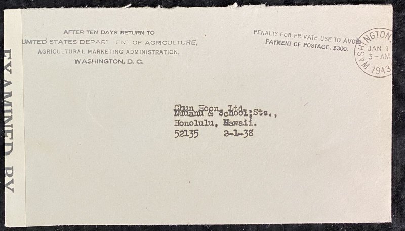 Washington DC Penalty envelope ruber stamp to Honolulu Hawaii 1/1/1943 ...