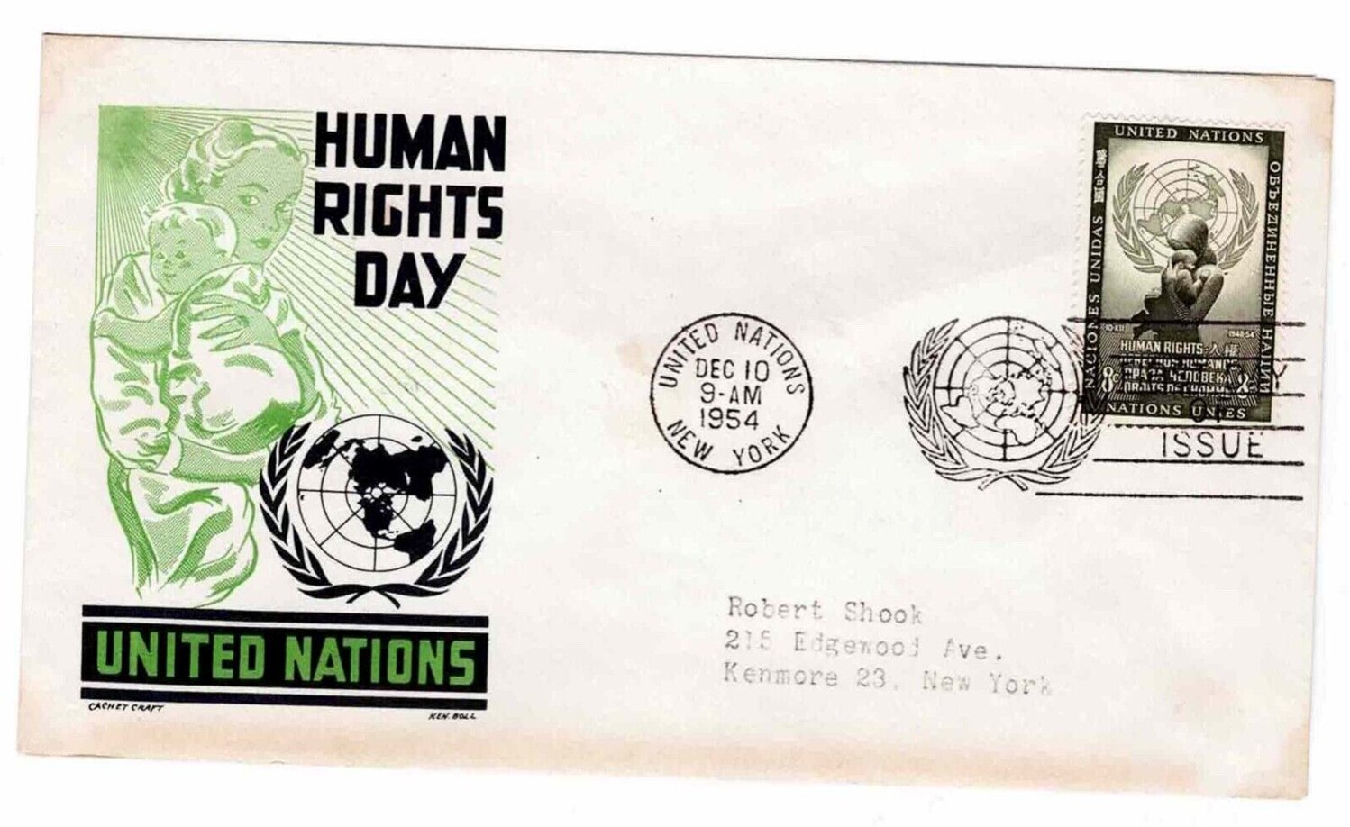 United Nations 1954 FDC Sc 30 Ken Boll Cachet Craft Human Rights Day UN ...