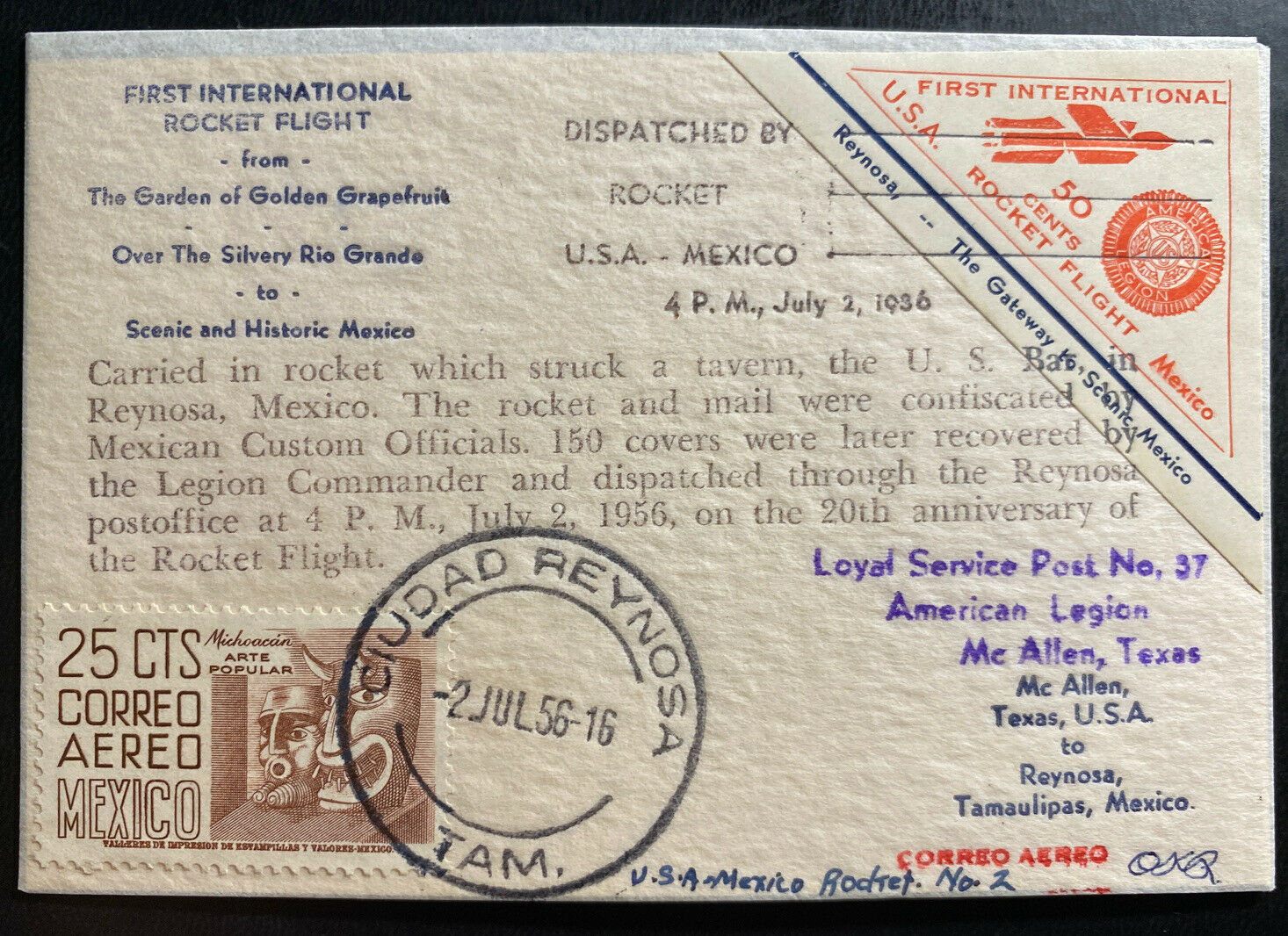 1956 McAllen USA First Flight Rocket Mail 20th Anniversary cover To ...