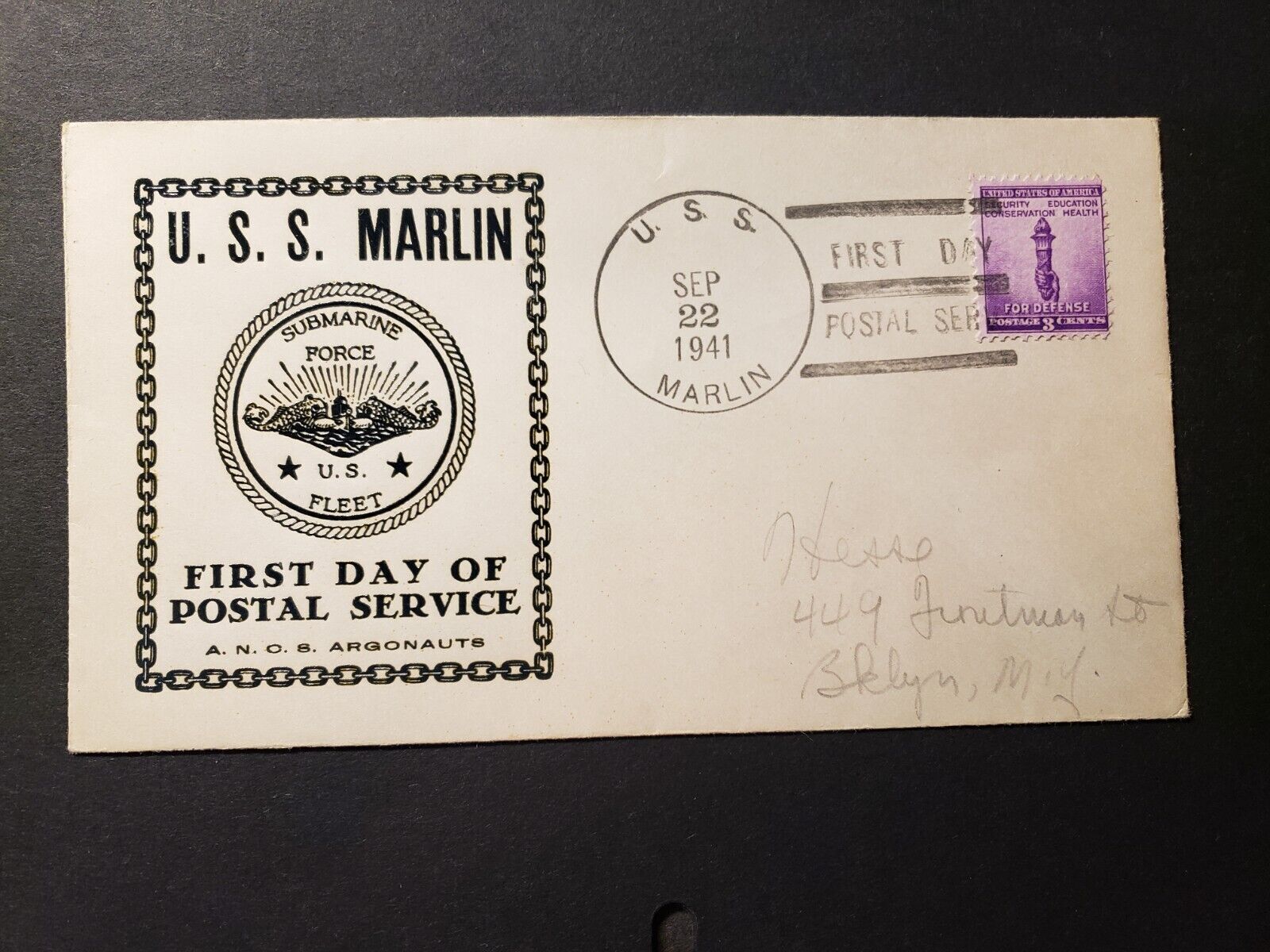 Submarine USS MARLIN SS-205 Naval Cover 1941 FDPS Cachet FIRST DAY ...