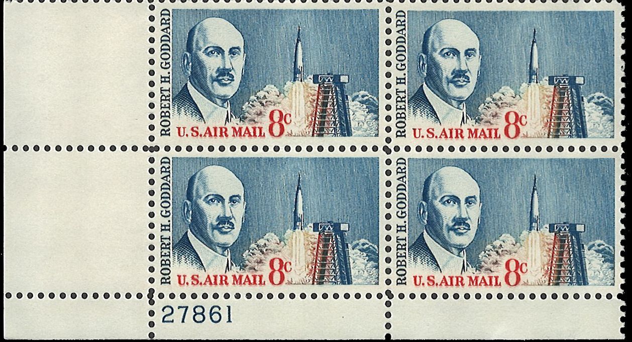 Scott # C69 1964 8c multi Dr. Goddard ; TAGGED Plate Block - Lower Left ...