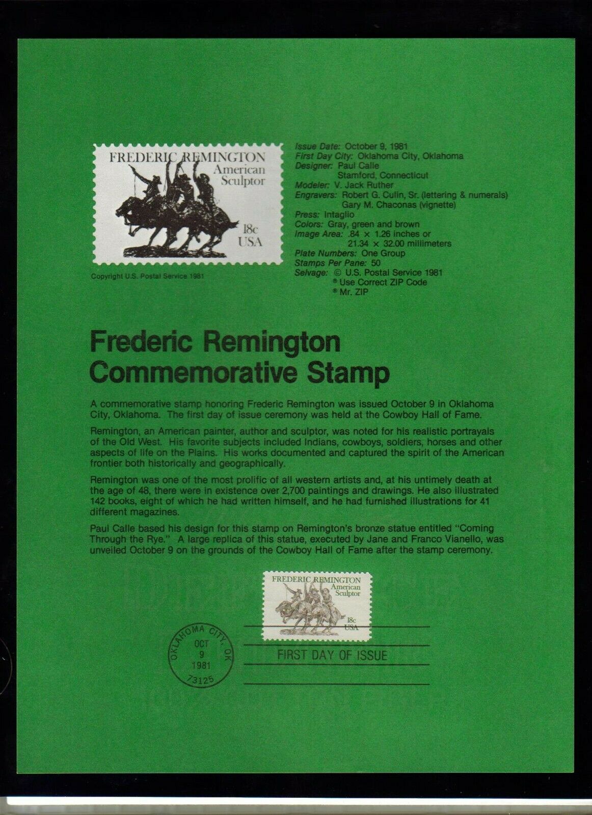USPS Souvenir Page Scott 1934, Frederic Remington 18 cents ...