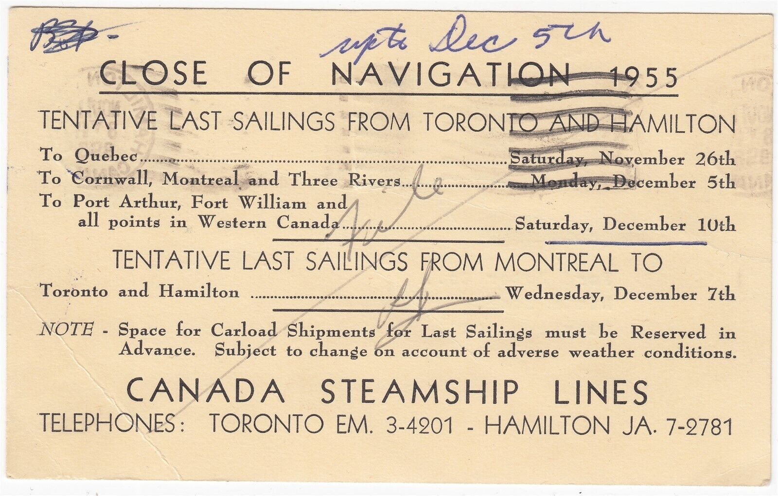 Canada Advertising Corner Card Cover "Canada Steamship Lines" Hamilton ...
