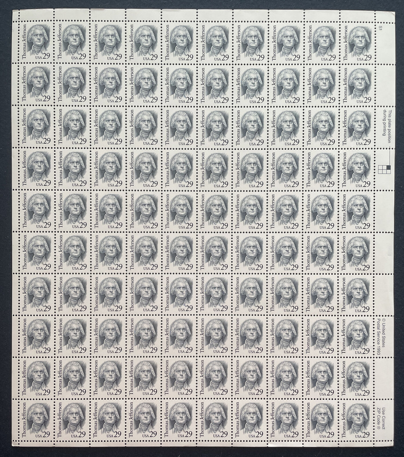2185 THOMAS JEFFERSON Sheet of 100 US 29¢ Stamps 1993 MNH, Minor Corner ...