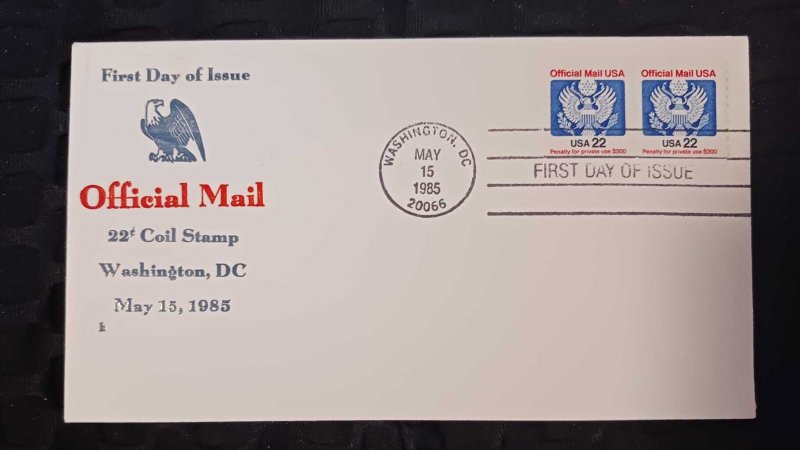 J) 1985 Uniteds Tates, Official Mail, 22 Coil Stamp Washington DC, FDC ...