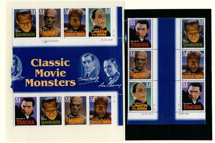 US #3168 - 71 Movie Monsters, FULL GUTTERS from press sheet, VF OG NH ...