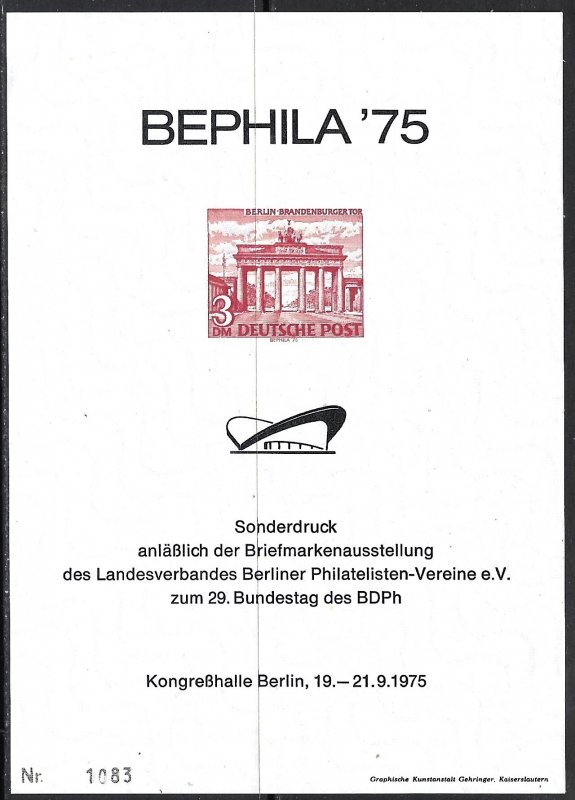 BERLIN 1975 3m Brandenburg Gate Sc 9N59var BEPHILA 75 Souvenir Proof ...
