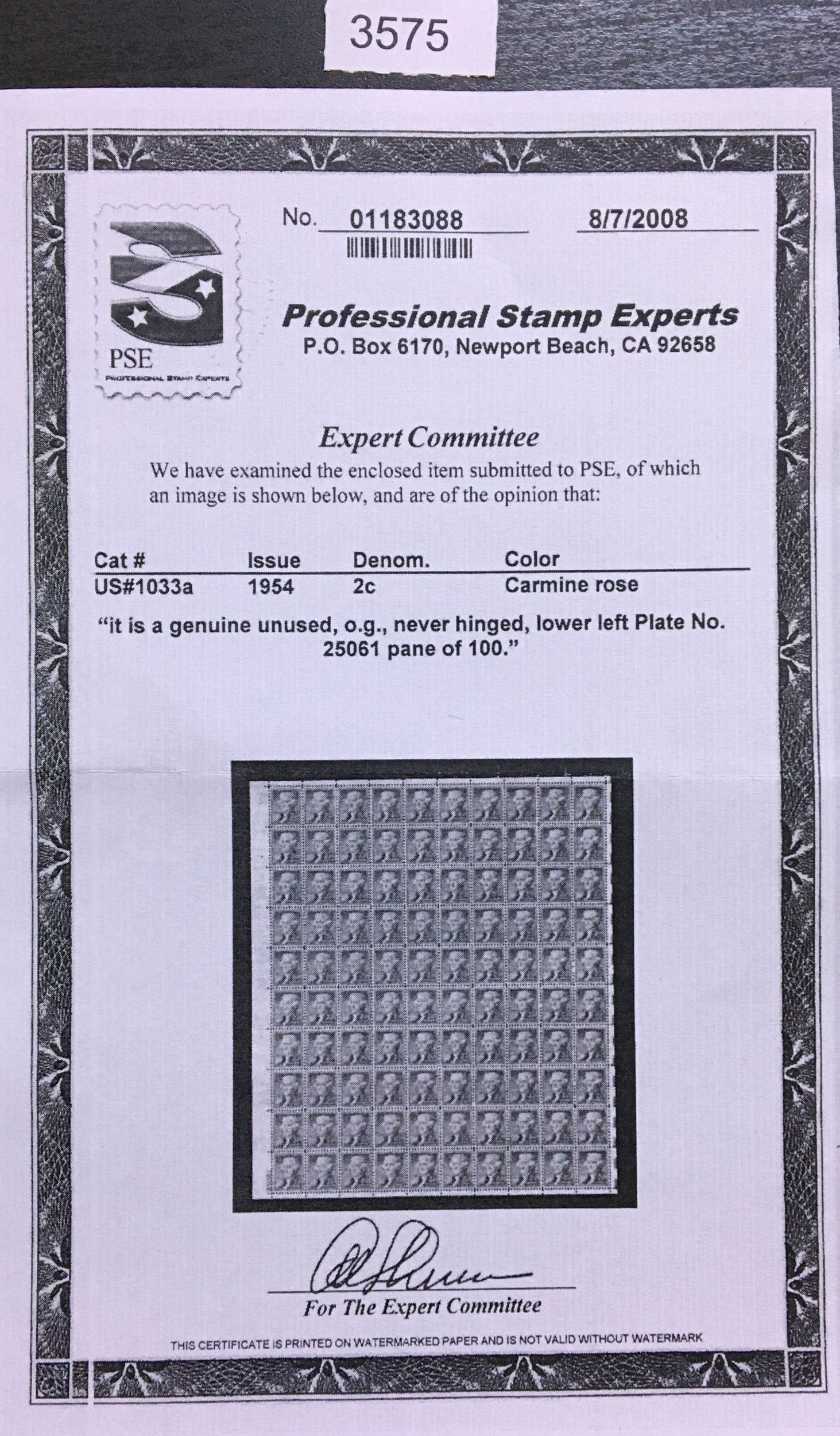 US Stamps # 1033a Silkote Paper Mint OG NH POS.38 **Pse Cert** LOT ...