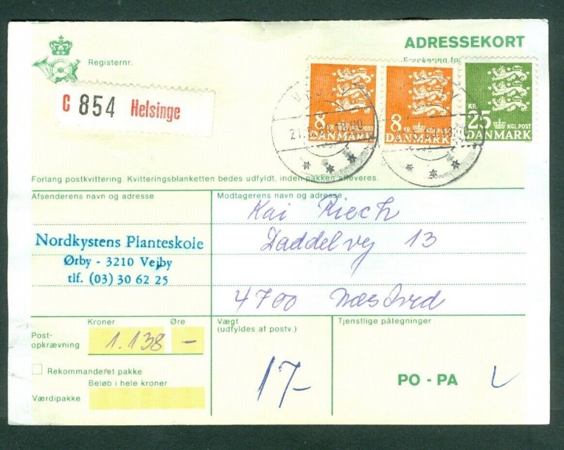 Denmark. 1980 Parcel Card. C 854 Helsinge. 2 x 8 + 25 Crown. Naestved ...