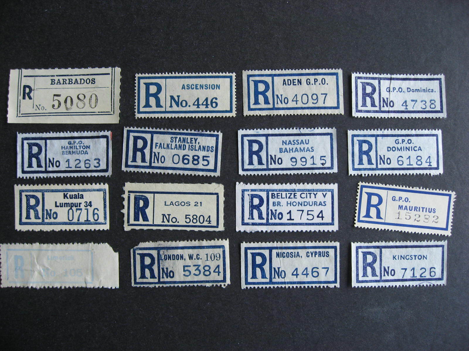 Registered Registration labels 15 different U with Commonwealth, etc ...