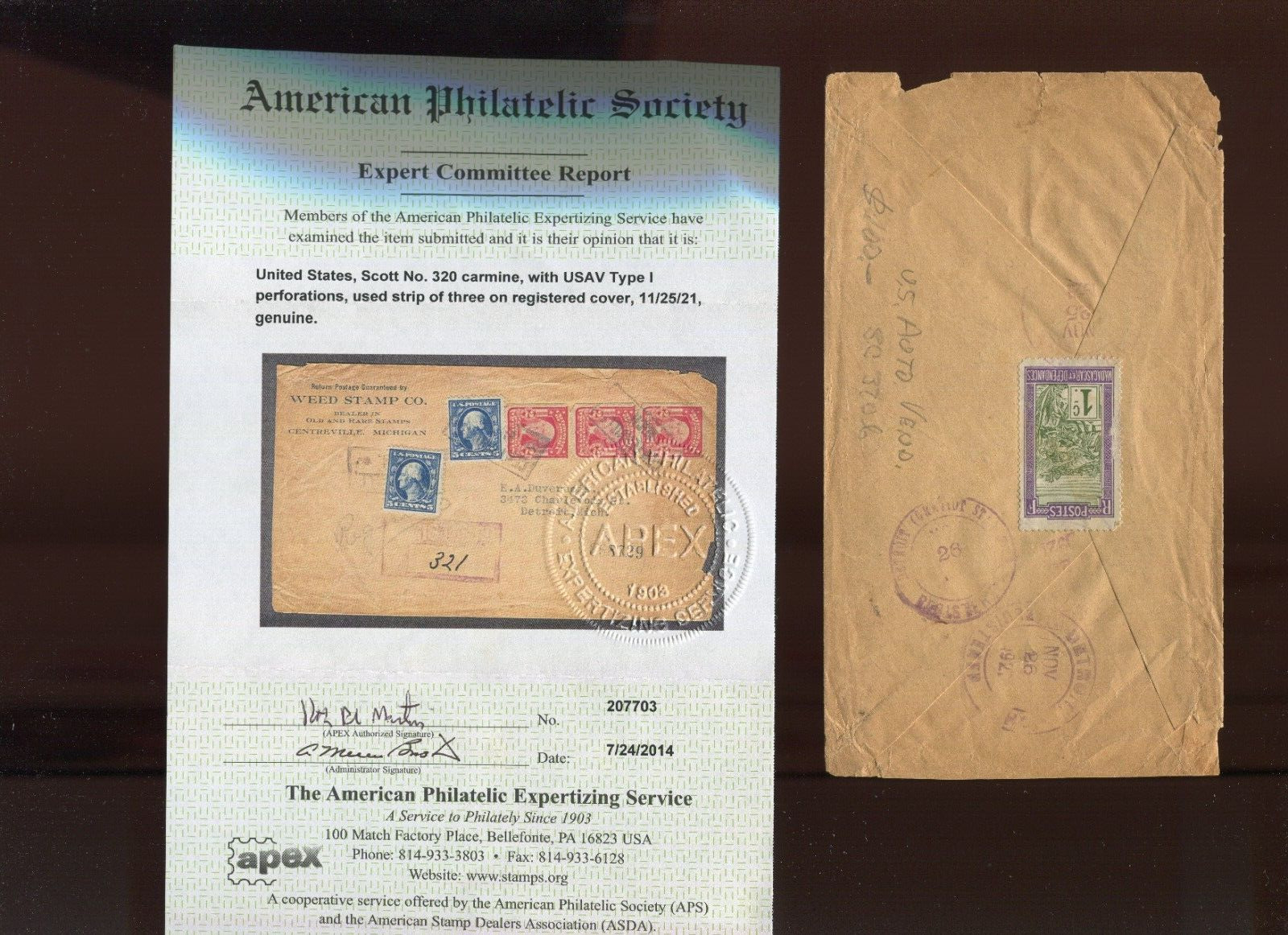 320 USAV Type I Strip of 3 Stamps on Registered Cover w/APS Cert (Cv ...