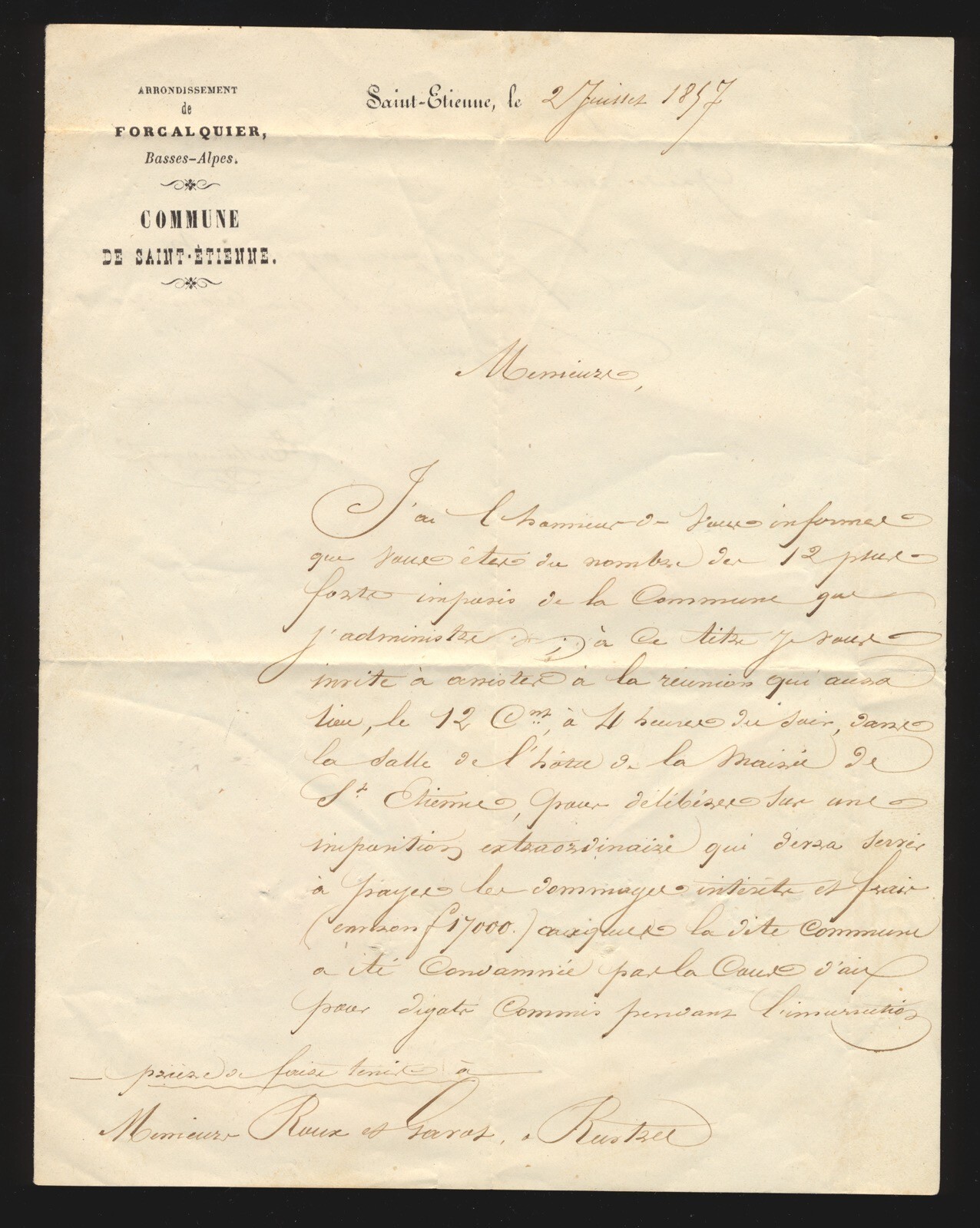 France 1857 20c Imperf on FL ST. Etienne LES Orgues #3055 to Rustrel W ...