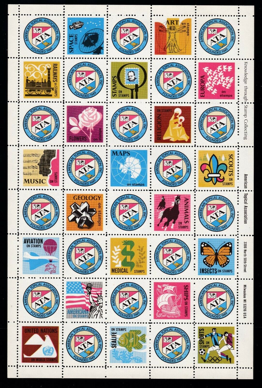 US Vintage American Topical Association Mint Stamp Sheet 40 Stamps 20 ...