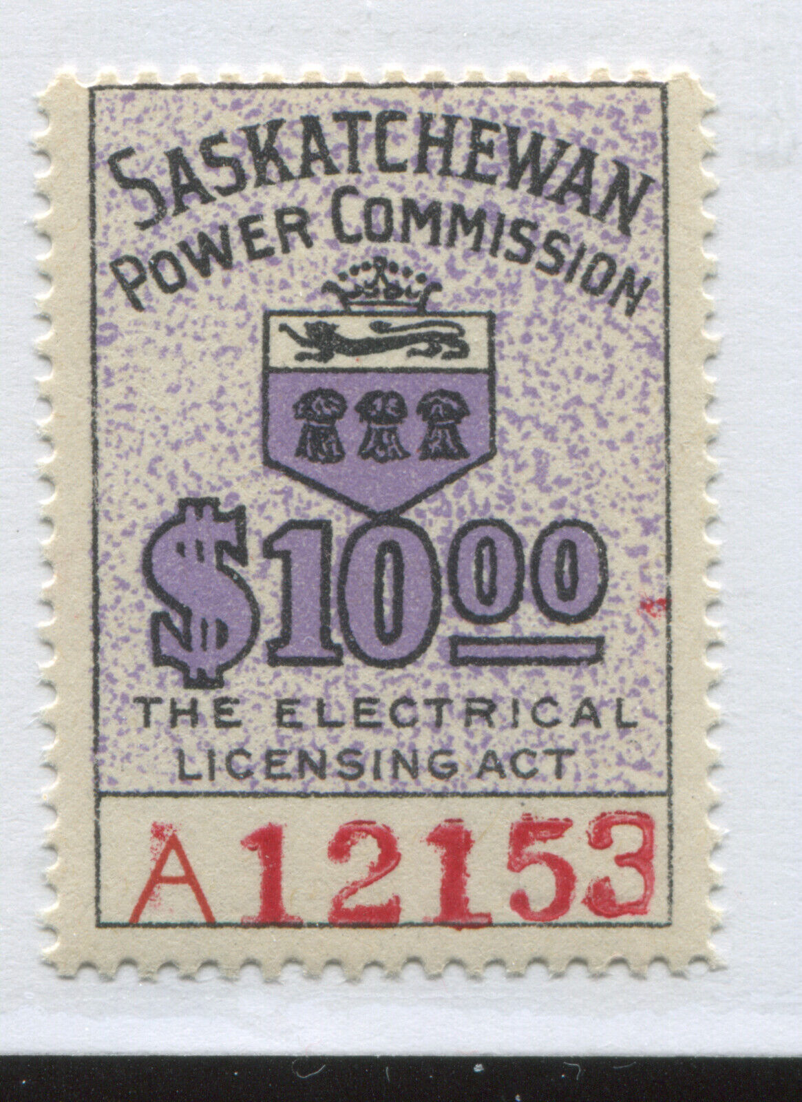 1937 Saskatchewan Power Commission stamp $10 mint o.g. hinged, 4mm ...