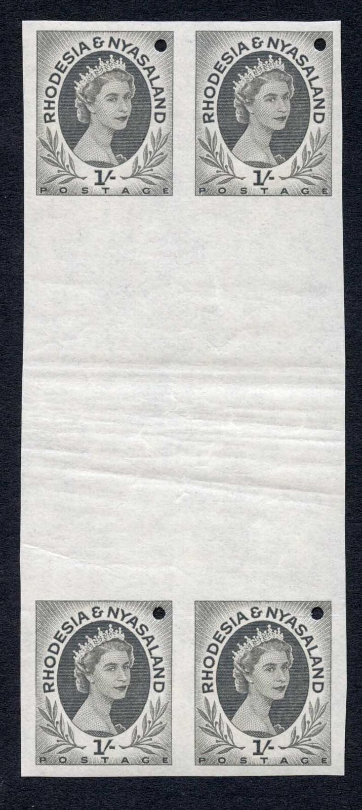 Rhodesia and Nyasaland SG9 1/- Grey-black PLATE PROOF U/M GUTTER BLOCK ...