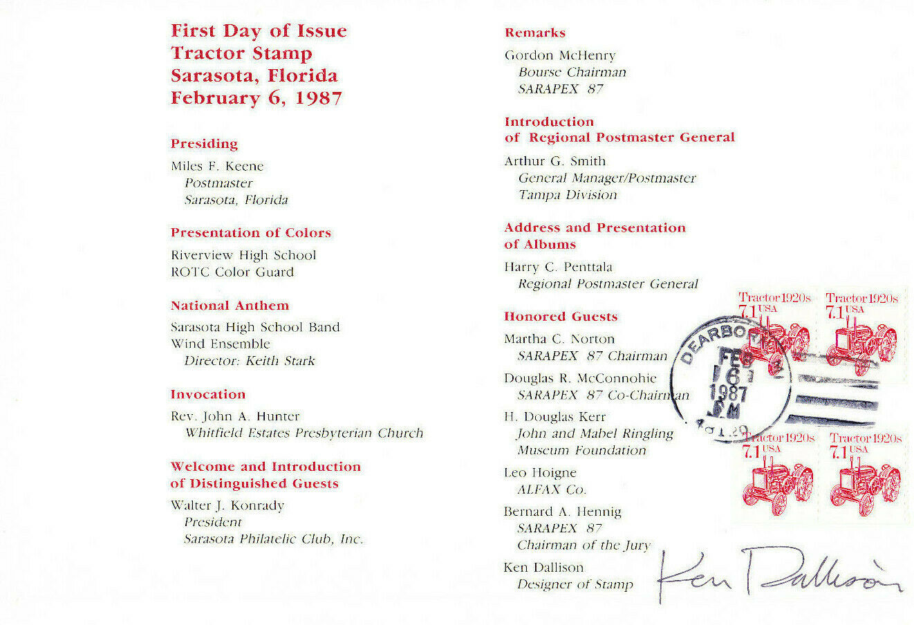 Signed USPS 1st Day Ceremony Program #2127B 7.1c Tractor 1920s ...