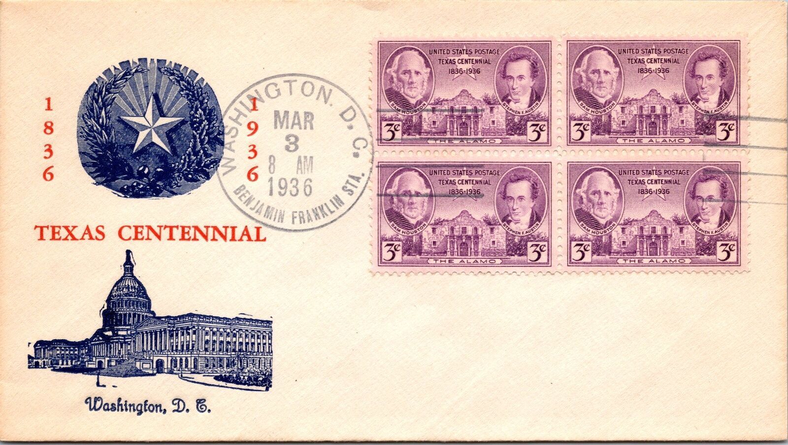 SC# 776 FDC - Texas Centennial - Block of 4 - Unaddressed - L36797 ...