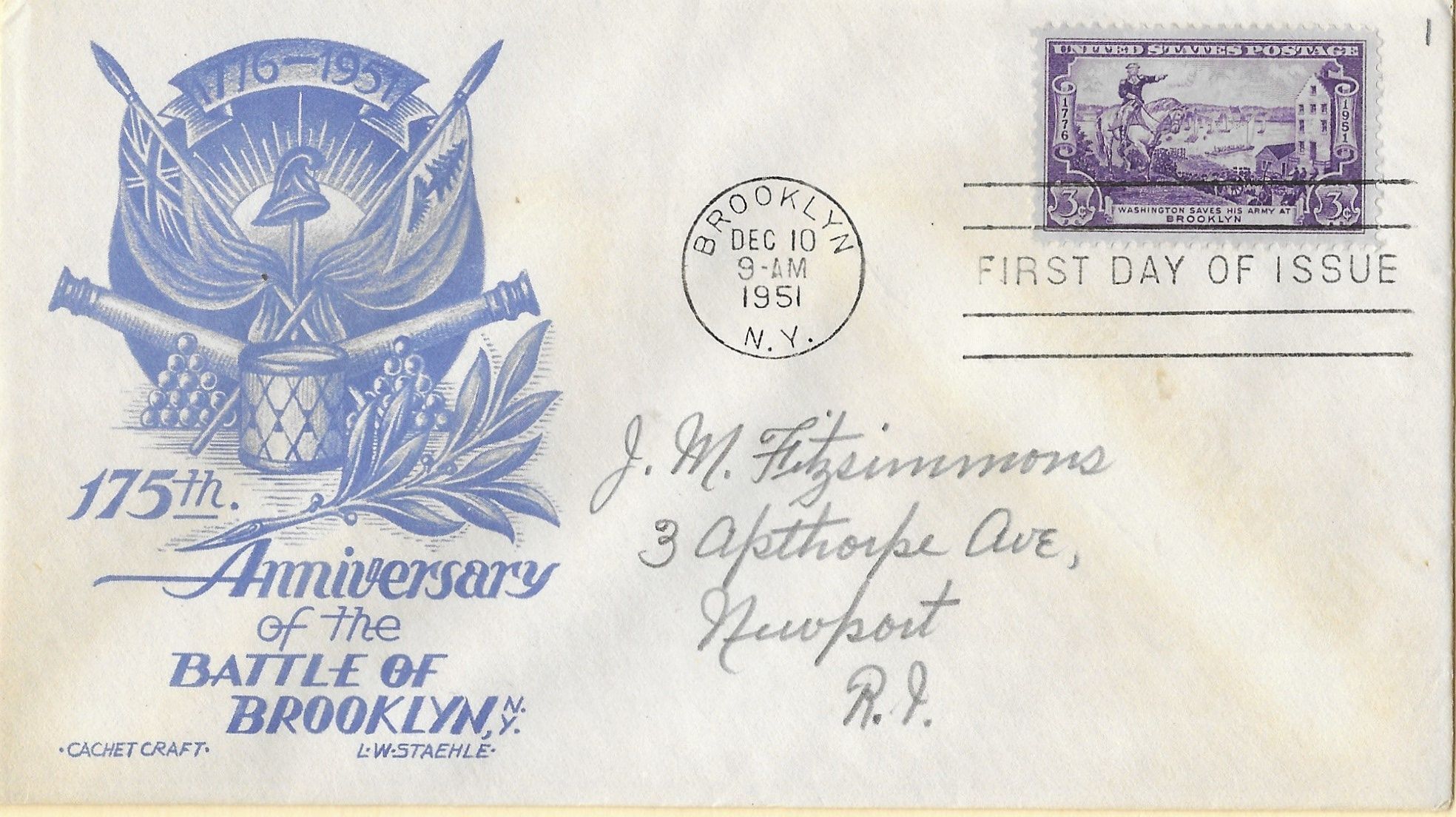 1951 FDC, #1003, 3c Battle of Brooklyn, CC/Staehle | United States ...