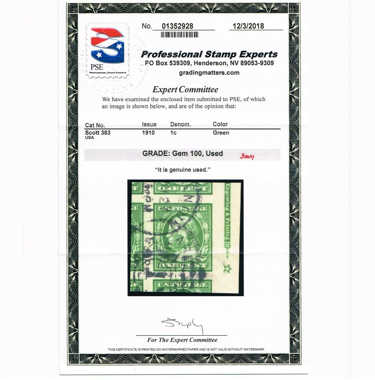 Exceptional Genuine Massive Scott #383 Used 1910 PSE Cert Graded GEM ...