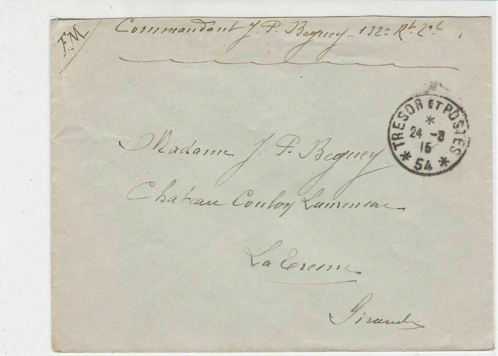 France WW1 French Military 1915 Tresor Et Postes No 54 Cover Ref 30958 ...