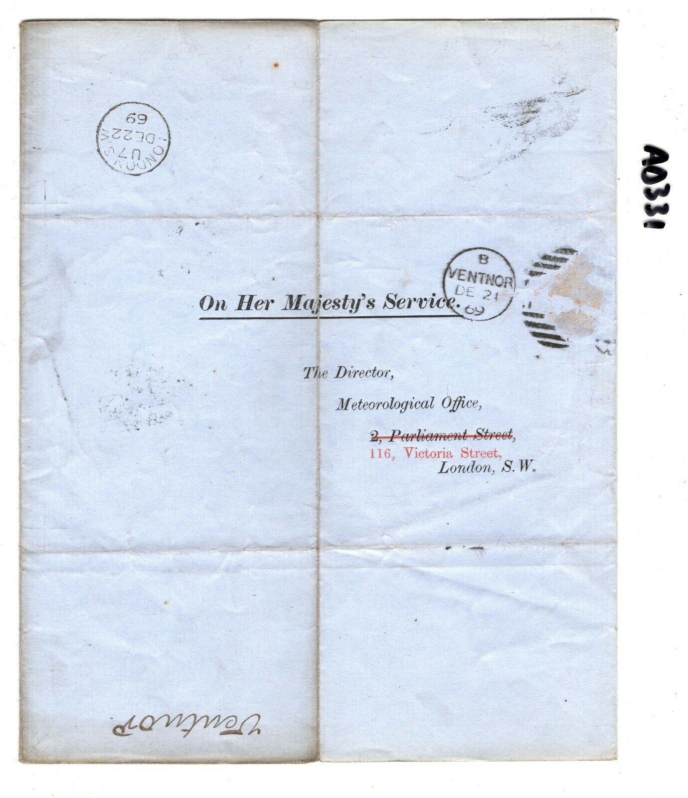 GB ISLANDS IOW *Ventnor* Meteorological Office REPLY Letter 1869 ...