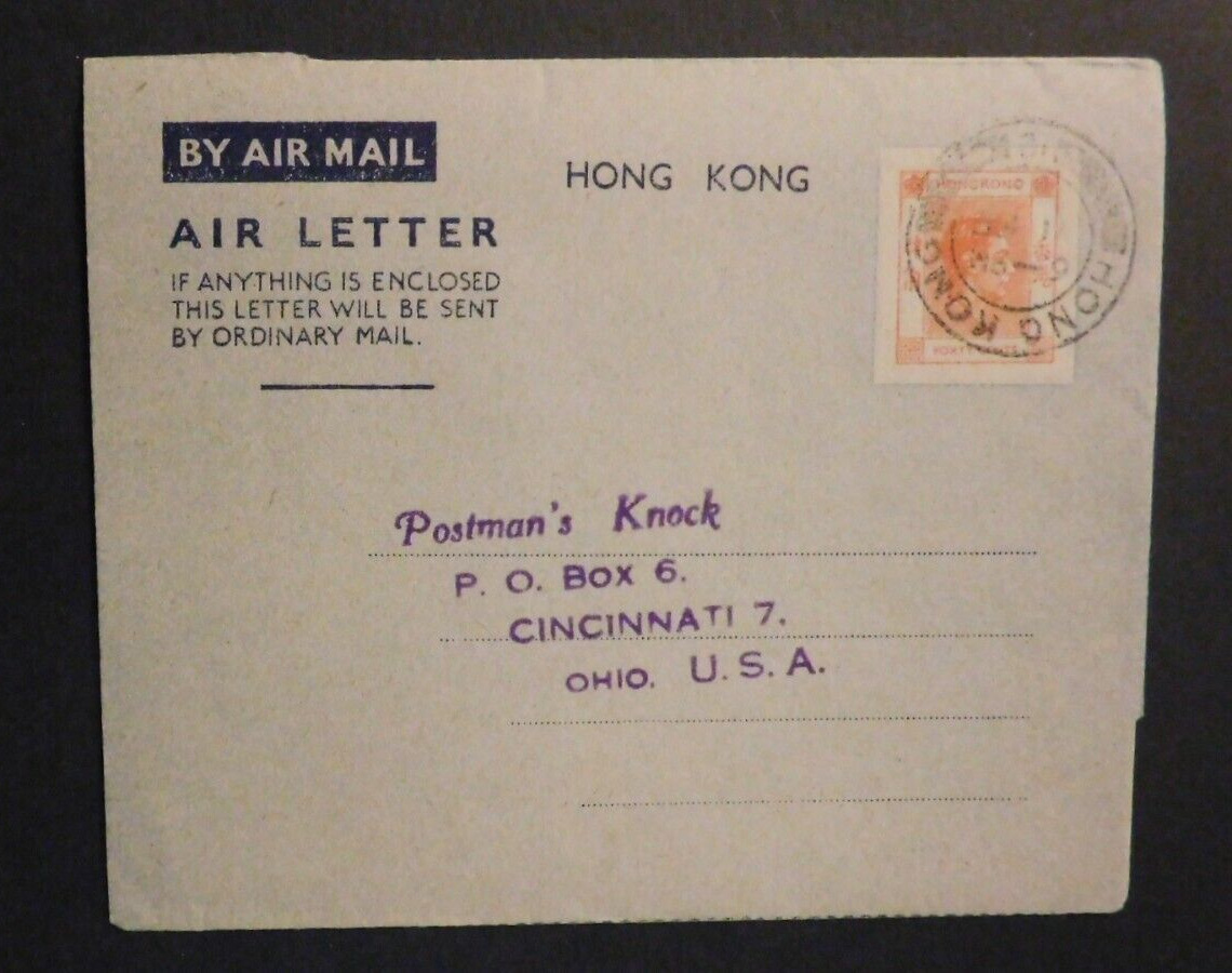 1950s Hong Kong Air Mail Air Letter Cincinnati Ohio USA WE Jones ...