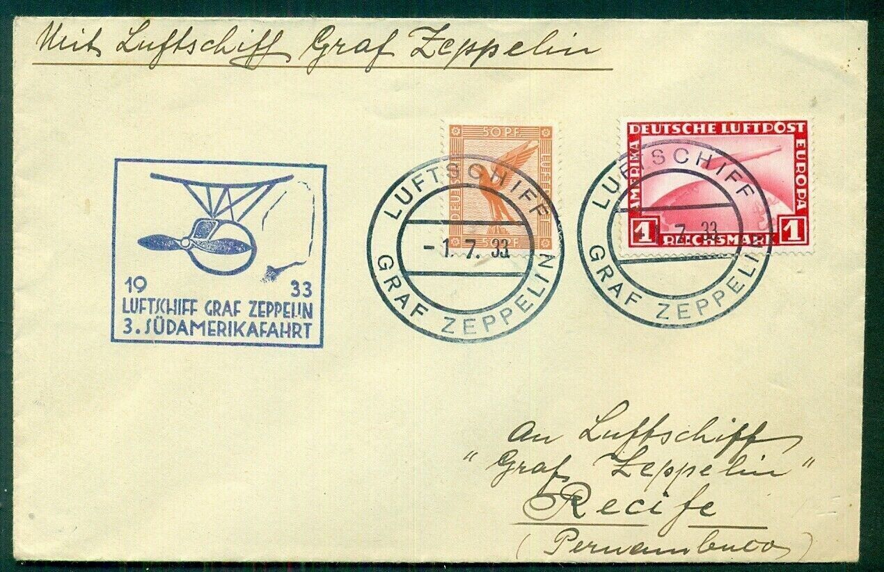 GERMANY, 1933, 3rd SA Zepp Flight cover w/1mk Zepp tied by on-board cancel, VF | Europe ...
