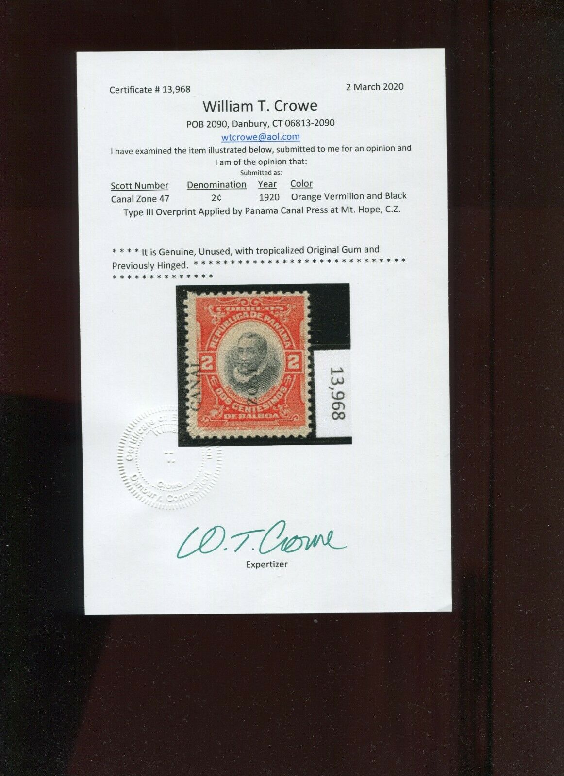 Canal Zone 47 Mount Hope Overprint Mint Stamp w/Crowe Cert (CZ47-Cr1 ...