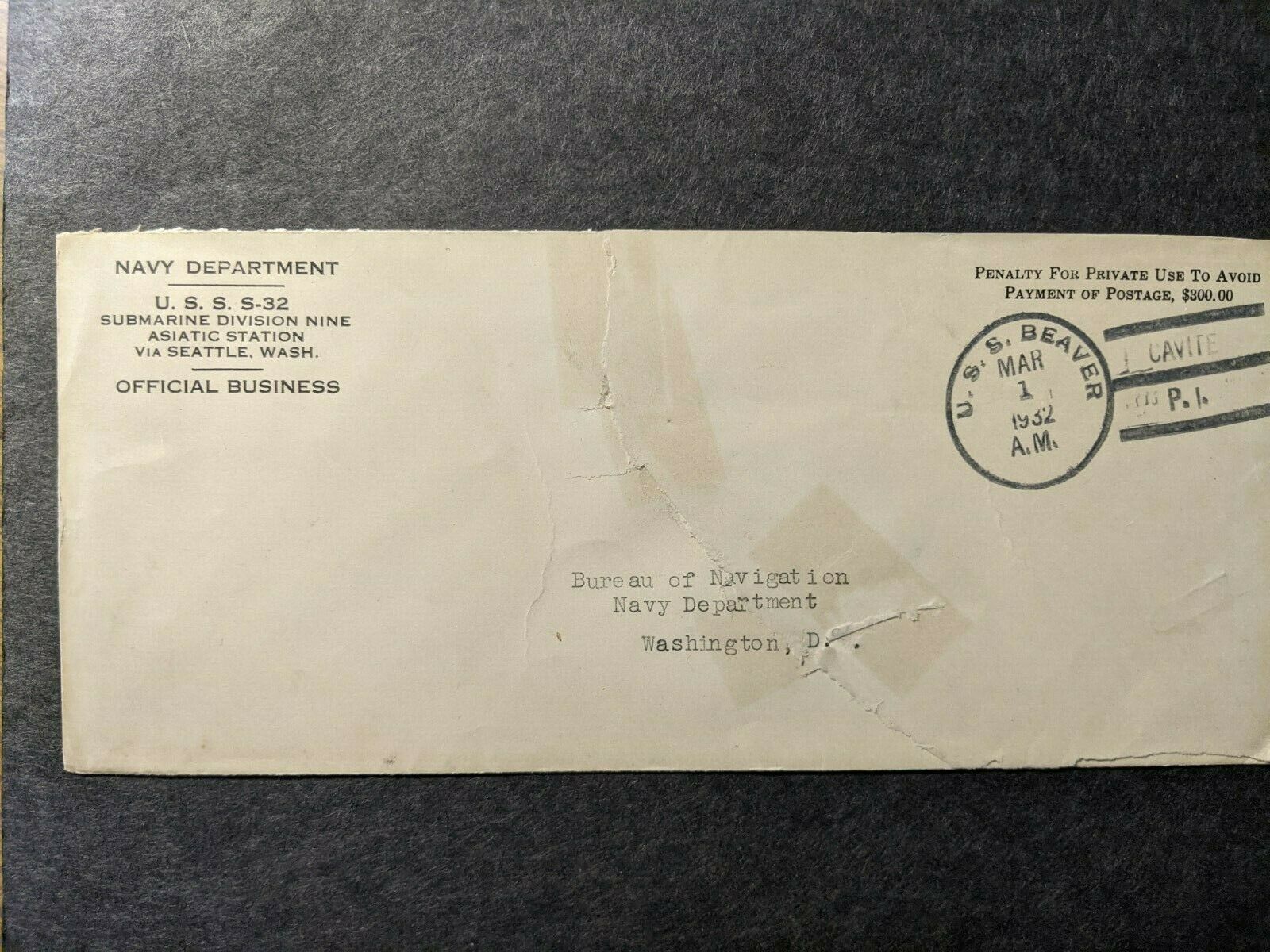 Submarine USS S-32 SS-137 Naval Cover 1932 CAVITE PHILIPPINES ASIATIC ...