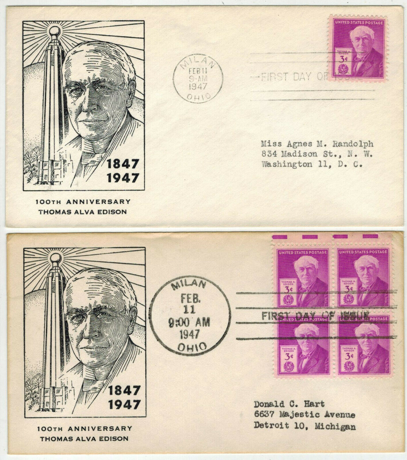 1947 THOMAS ALVA EDISON 100th Anniv. 945-58 SET OF 2 Single + Block of ...