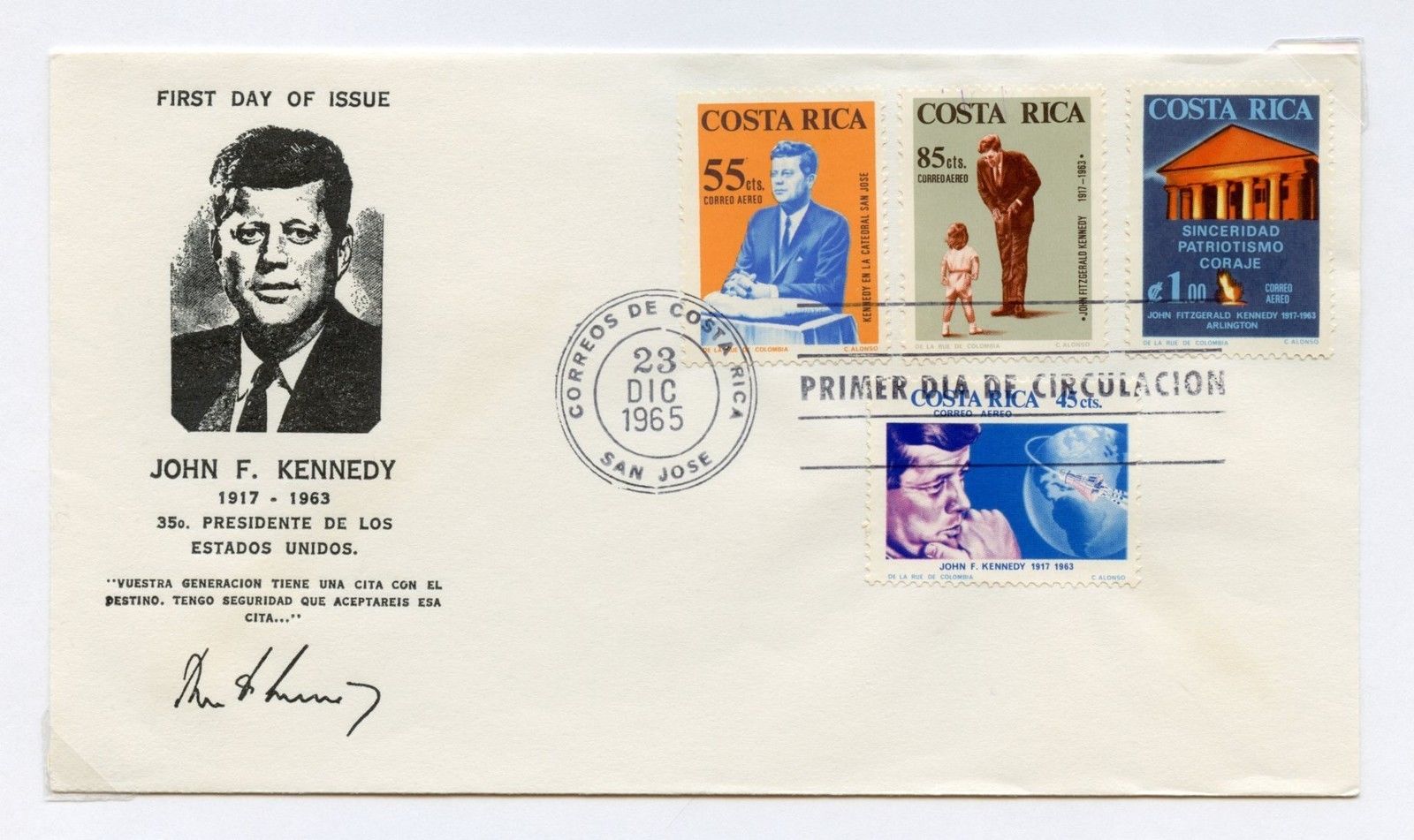 COSTA RICA 1963 VISIT JOHN F. KENNEDY SINGLE ON FIRST DAY COVER ...