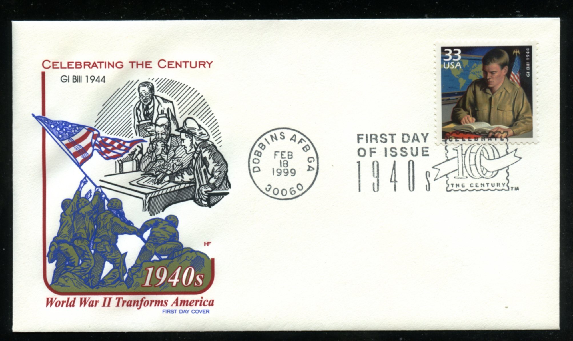 US 3186i Celebrate Century 1940s, GI Bill 1944 UA Farnam cachet FDC ...
