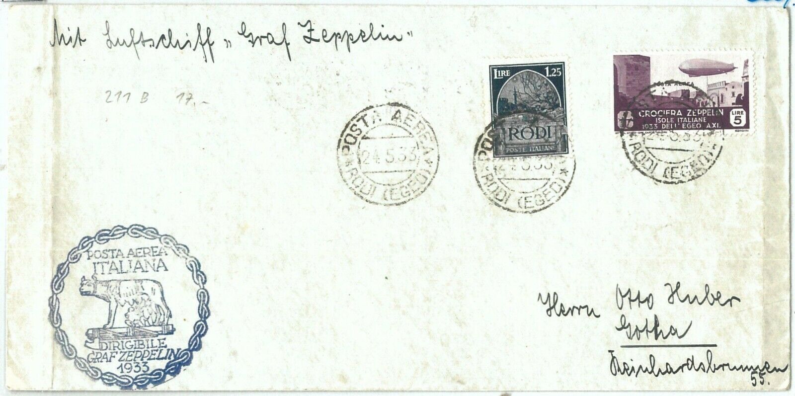 71681 - EGEO Rhodes - Postal History - Graft ZEPPELIN FLIGHT cover 1933 ...